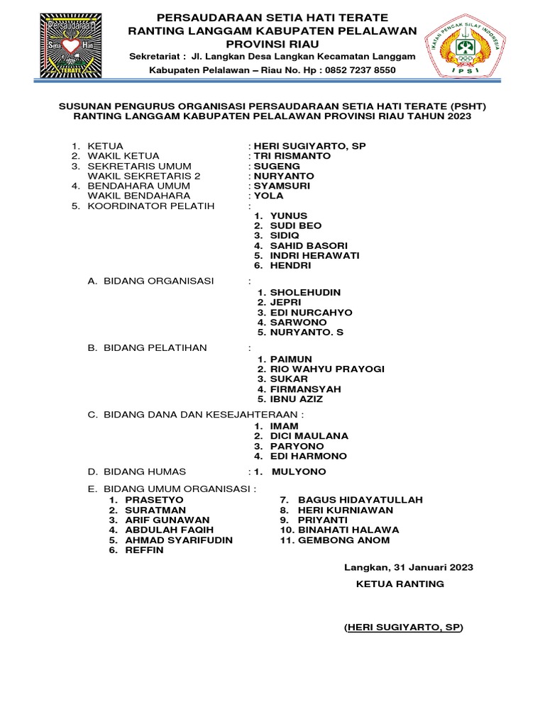 Struktur Organisasi PSHT Cabang Ranting Langgam Pelalawan 31 Jan 2023 ...