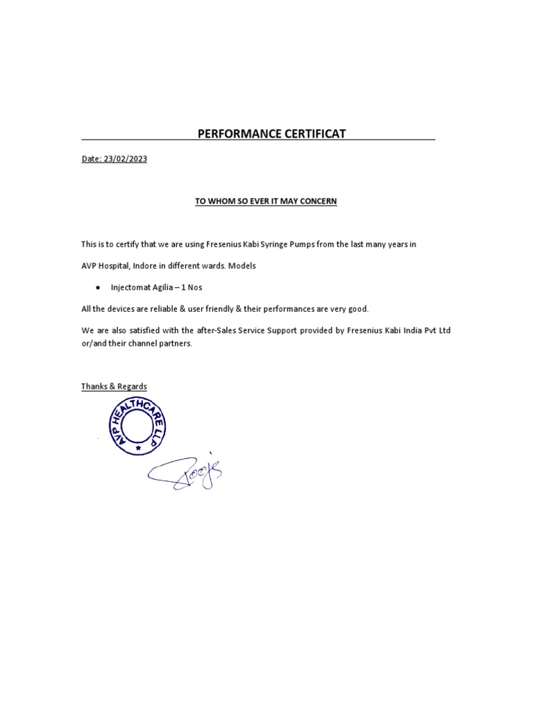 Performance Certificate for Fresenius Kabi Pumps | PDF | Business
