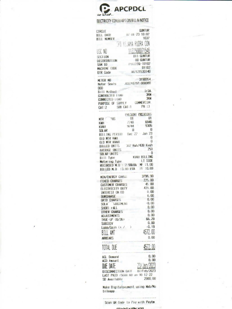 P Kanakadurga Rao Power Bill | PDF