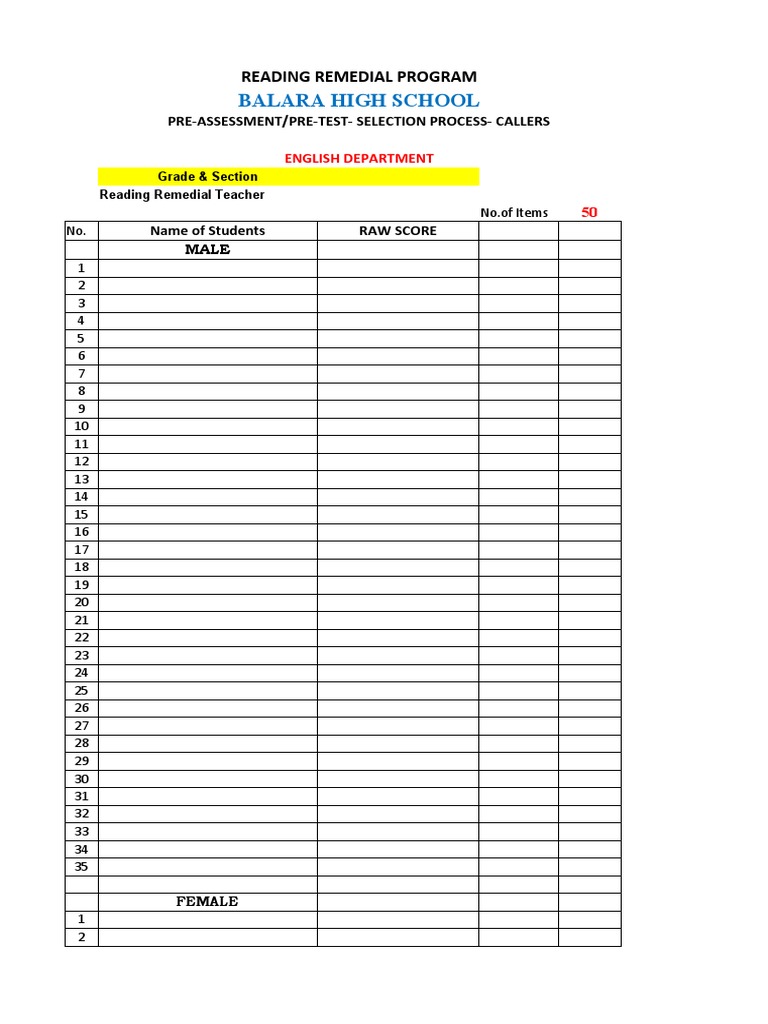 Template Records Pre Assessment CALLERS | PDF | Schools | High Schools ...