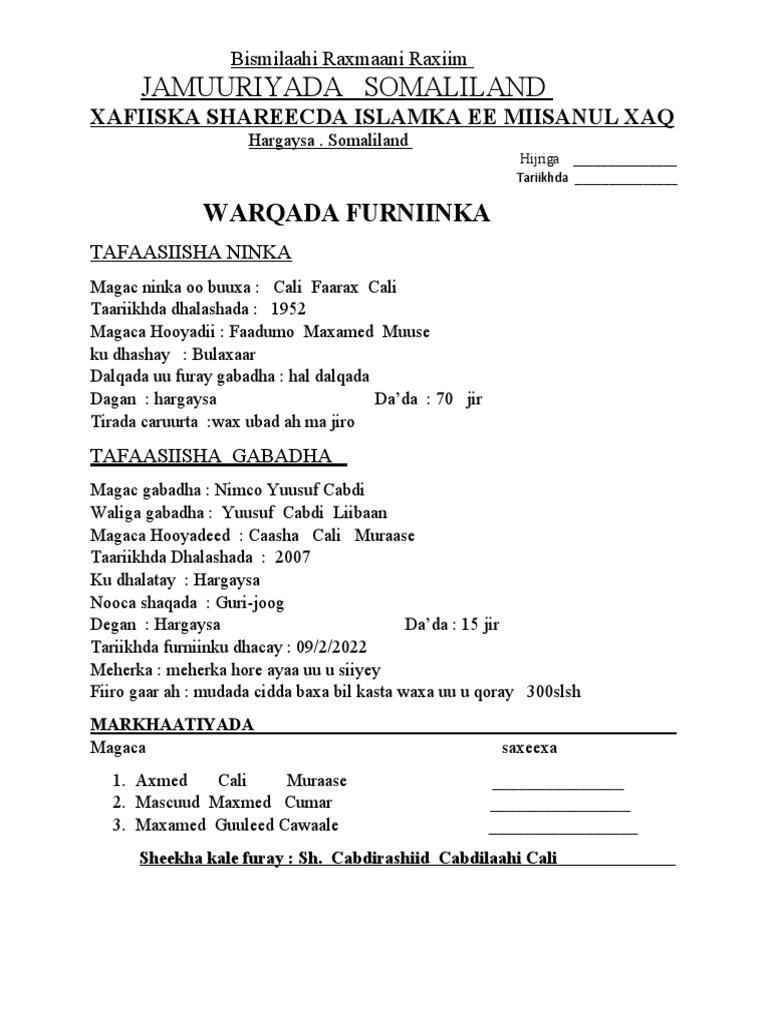 Warqada Furniinka Somaliland | PDF