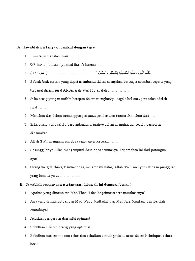 Soal PTS Al-Quran Hadis Kelas 7 Semester Genap | PDF