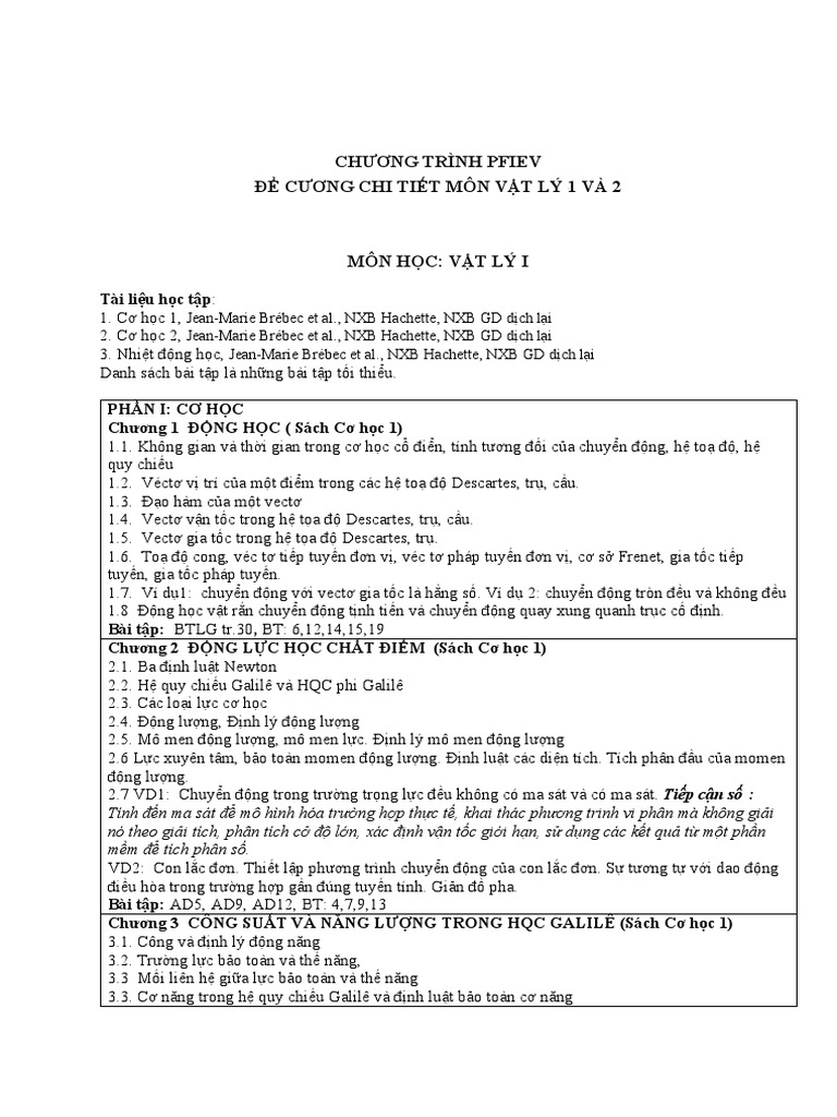 CHƯƠNG TRÌNH VẬT LÝ 1 VÀ 2 PFIEV update 2018 | PDF