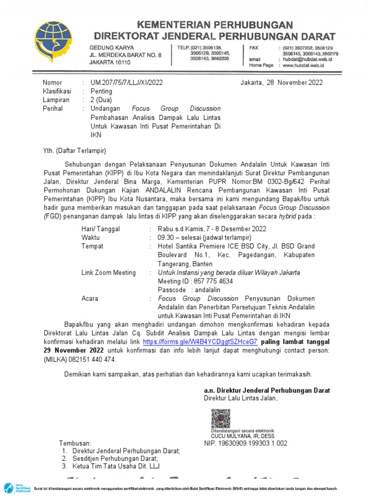 Surat Undangan FGD Pembahasan ANDALALIN Untuk Kawasan Inti Pusat Pemerintahan Di IKN Final | PDF ...