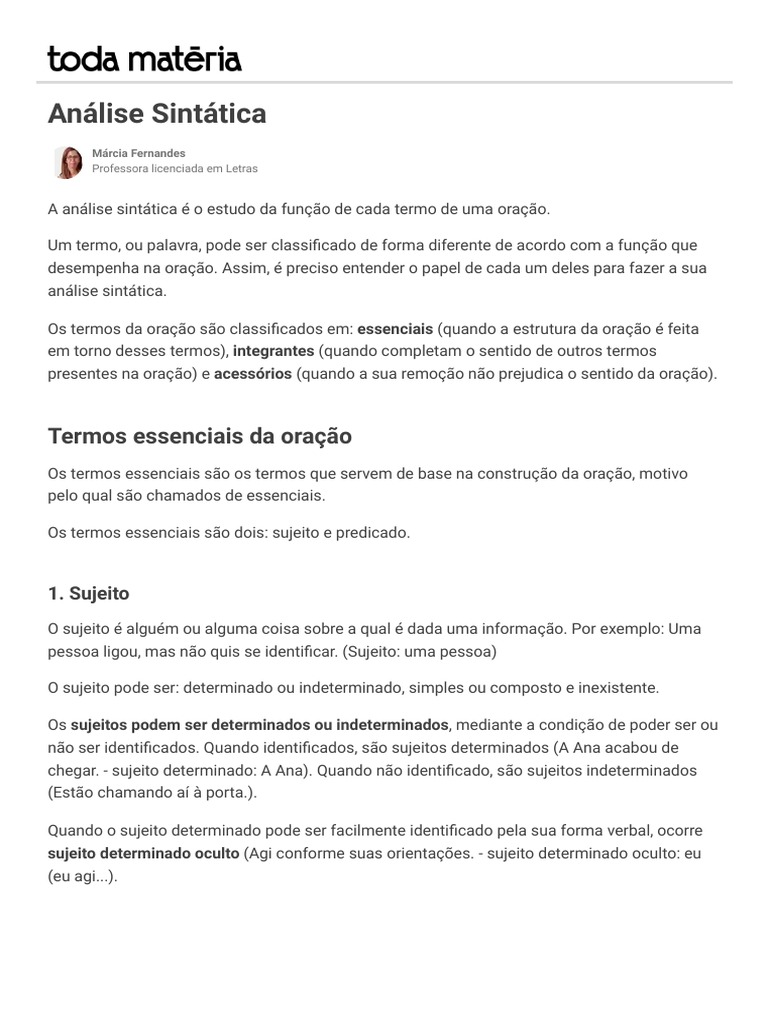 Análise Sintática - Toda Matéria | PDF | Assunto (gramática ...
