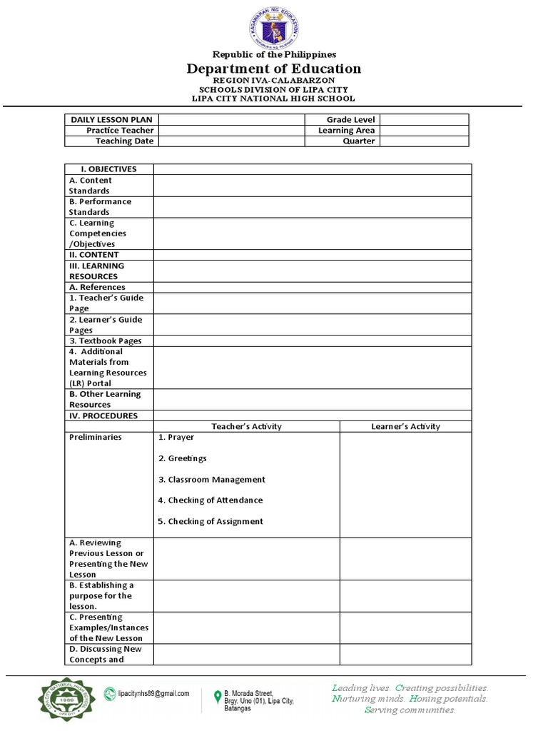LCNHS DLP Template | PDF | Teachers | Learning