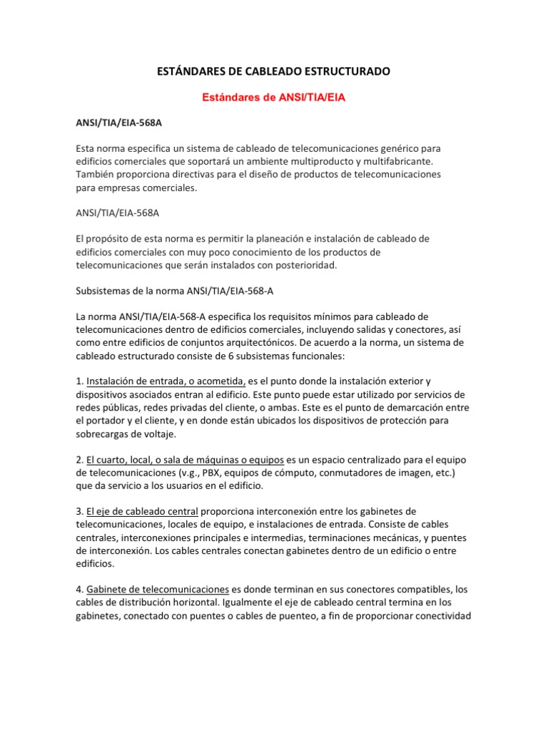 ESTÁNDARES DE CABLEADO ESTRUCTURADO-trabajo | PDF | Electrónica ...
