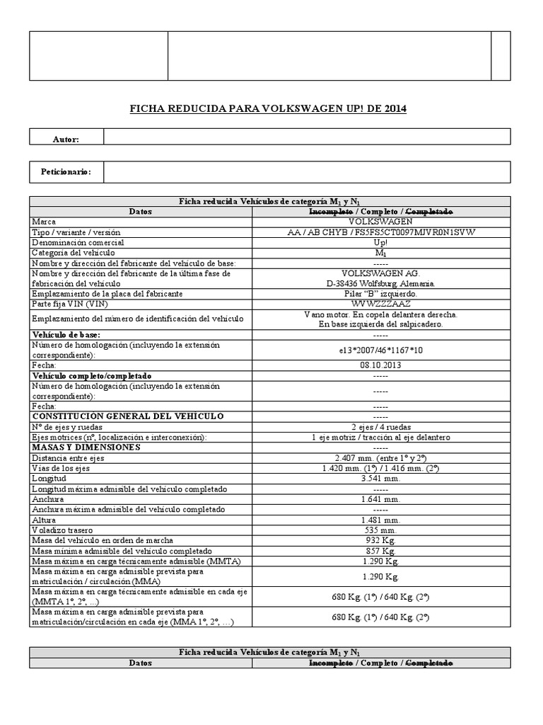 Ficha Reducida para Volkswagen UP! 2014. Rev. 0 | PDF | Eje | Vehículo híbrido