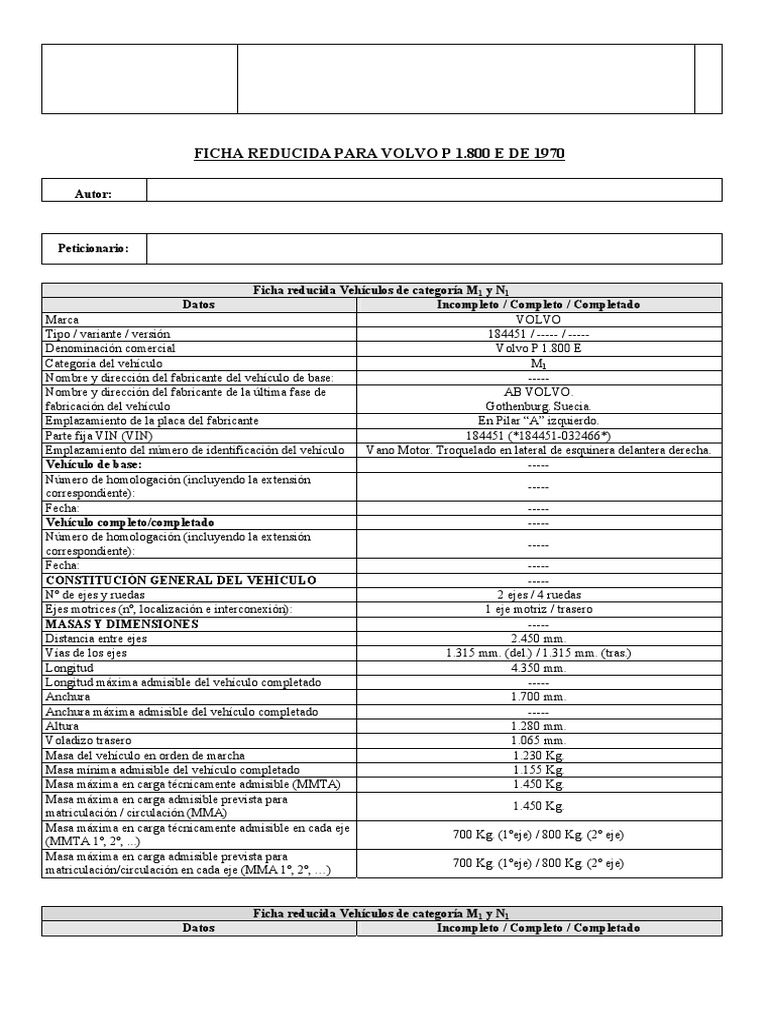 Ficha Reducida para Volvo P 1.800 E 1970 Rev. 0 | PDF | Eje | Vehículo ...