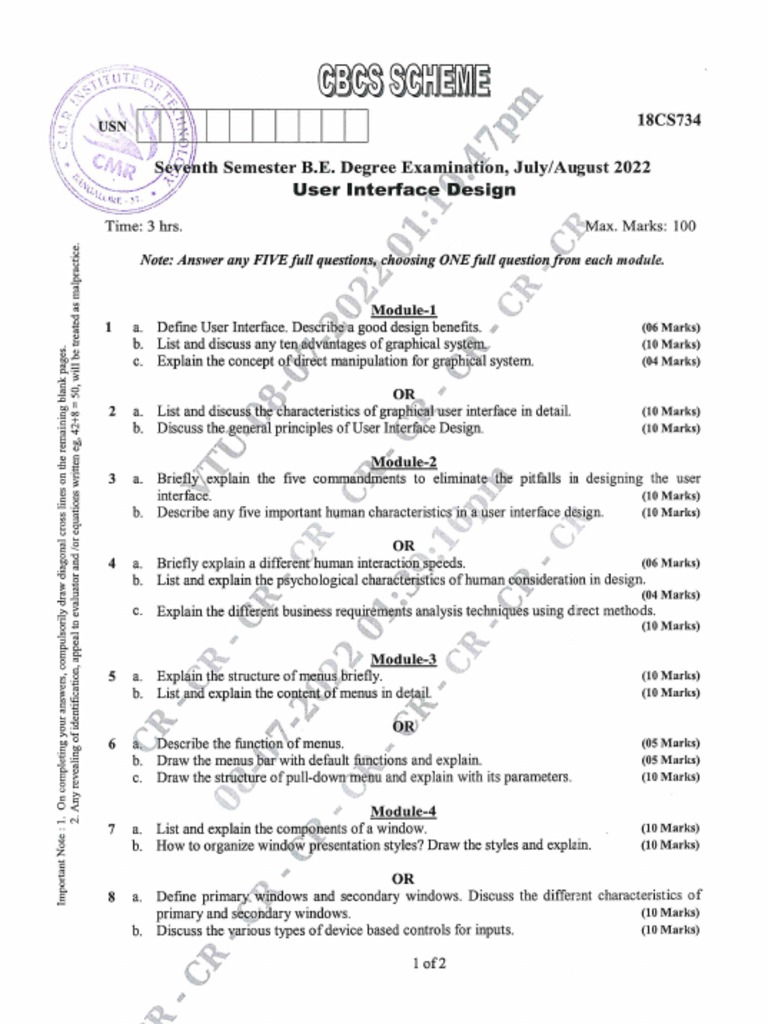 VTU Question Paper of 18CS734 User Interface Design June-2022 | PDF