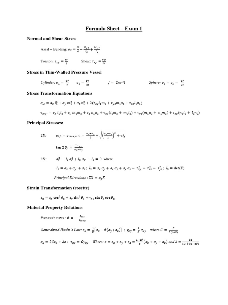 Formula Sheet – Exam 1 | PDF | Stress (Mechanics) | Bending