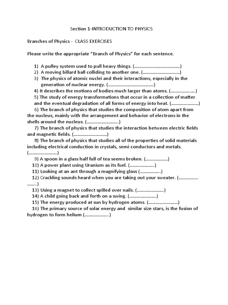 Branches of Physics Class Exercises | PDF | Physics | Atoms