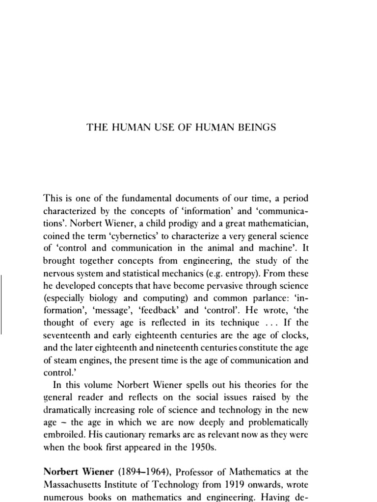 Wiener, Norbert - The Human Use of Human Beings. Cybernetics and ...