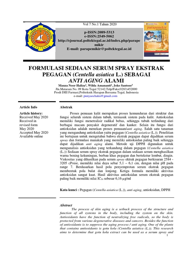 Formulasi Sediaan Serum Spray Ekstrak PEGAGAN (Centella Asiatica L.) SEBAGAI | PDF ...