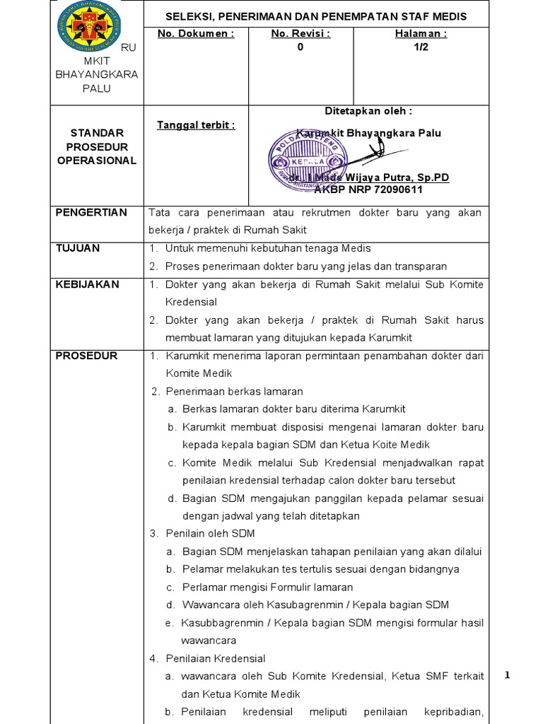 SOP Seleksi Penerimaan Dan Penempatan Staf Medis | PDF