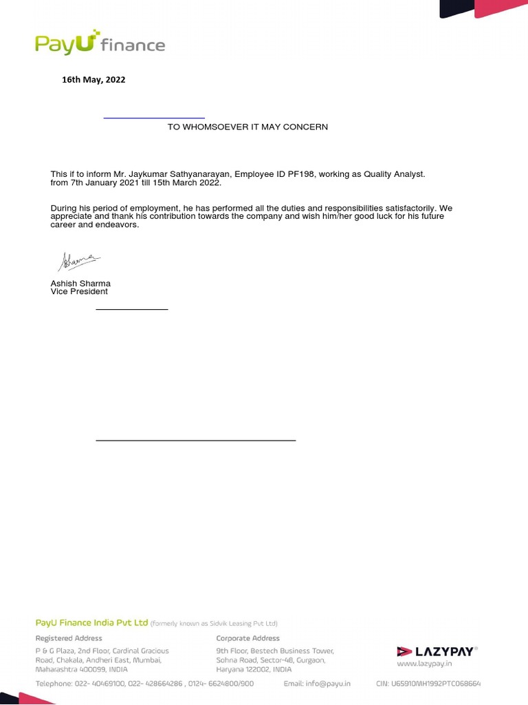 Relieving Letter Payu PDF | PDF