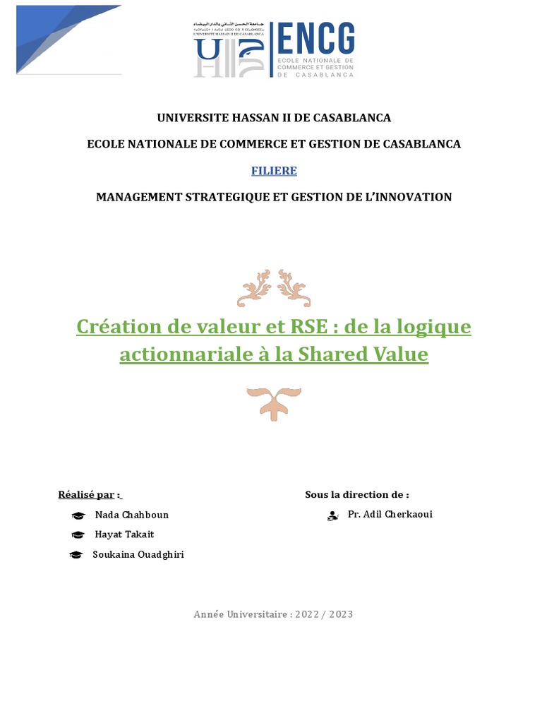 Création de Valeur Et RSE PDF | PDF | Responsabilité sociétale des ...