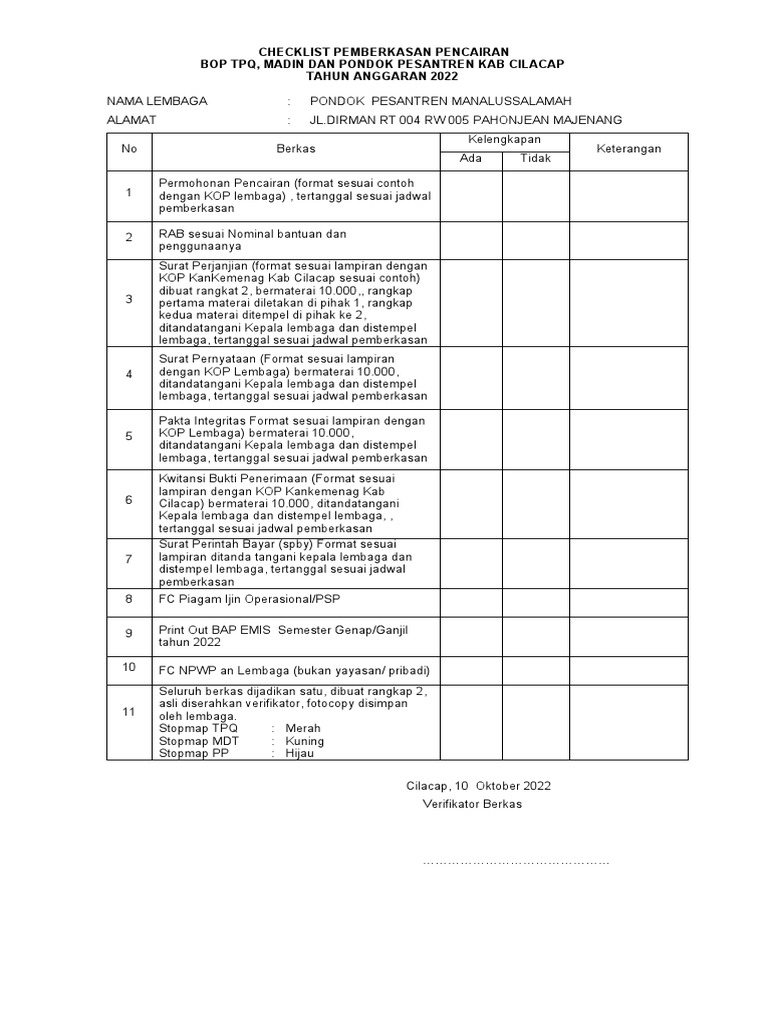 Checklist Pencairan BOP 2022 Cilacap | PDF | Sains & Matematika