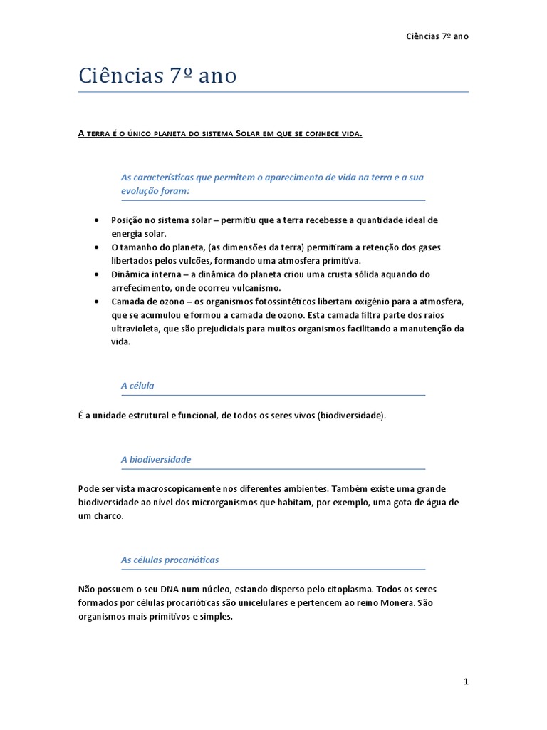 Resumo Ciencias 7º Ano | PDF | Célula (Biologia) | Vulcão