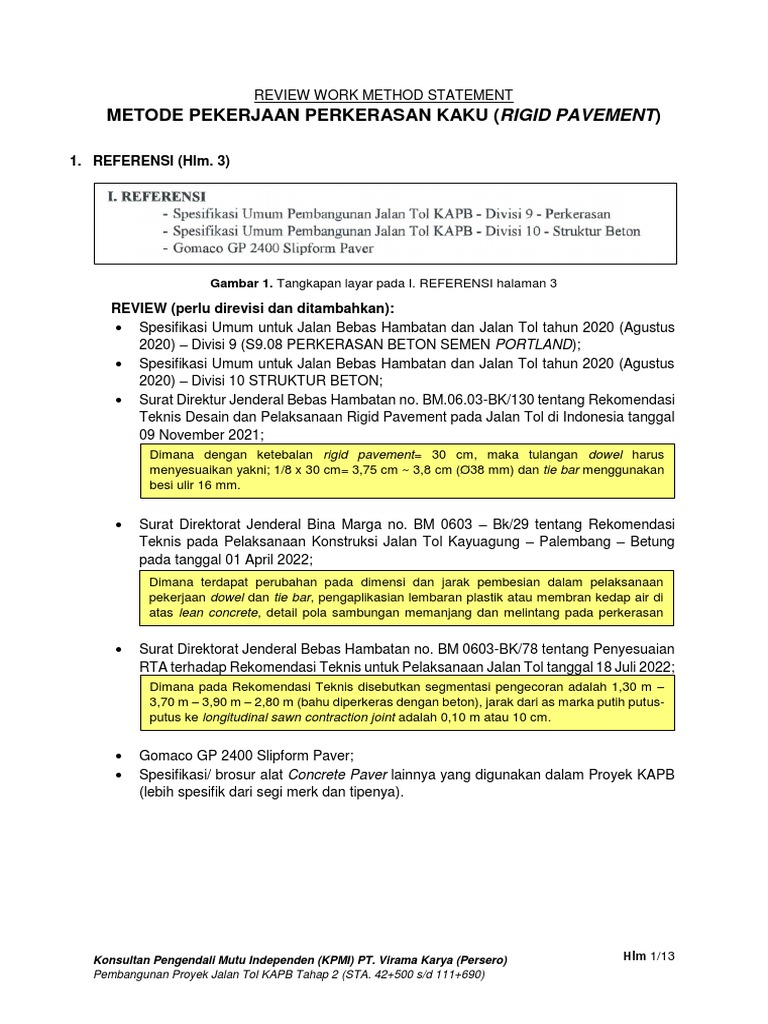Review Work Method Statement (Rigid Pavement) - Hac-1 PDF | PDF