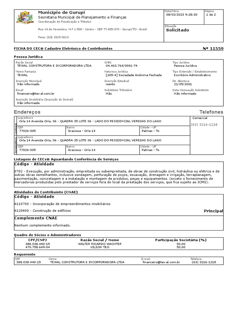 Ficha Do CEC® Cadastro Eletrônico de Contribuintes - WebISS® | PDF