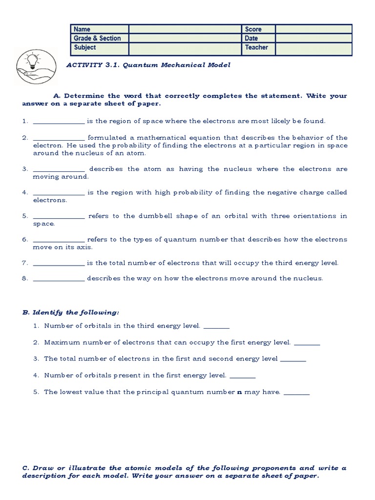 Quantum Mechanical Model Activity | PDF | Atomic Orbital | Energy Level