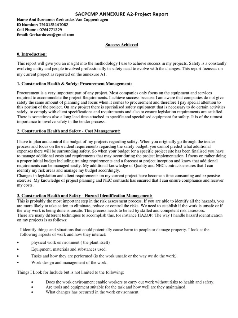 SACPCMP Annexure A2 Project Report | PDF | Risk | Occupational Safety ...