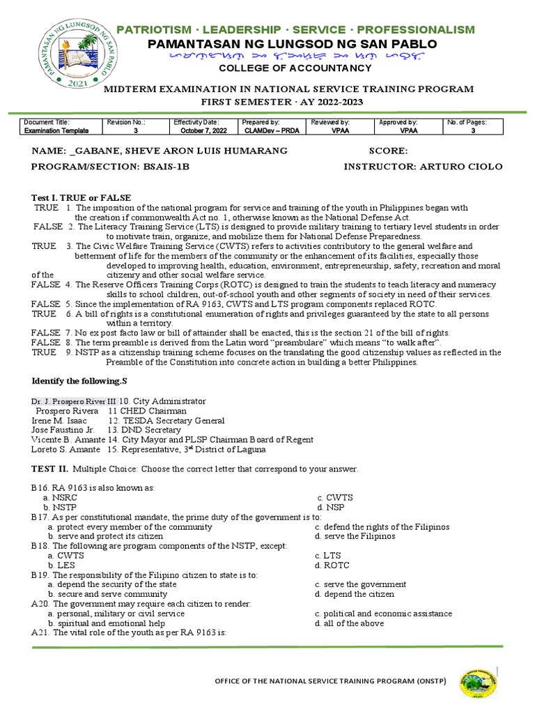 NSTP 1 Midterm Examination | PDF | Government | Justice