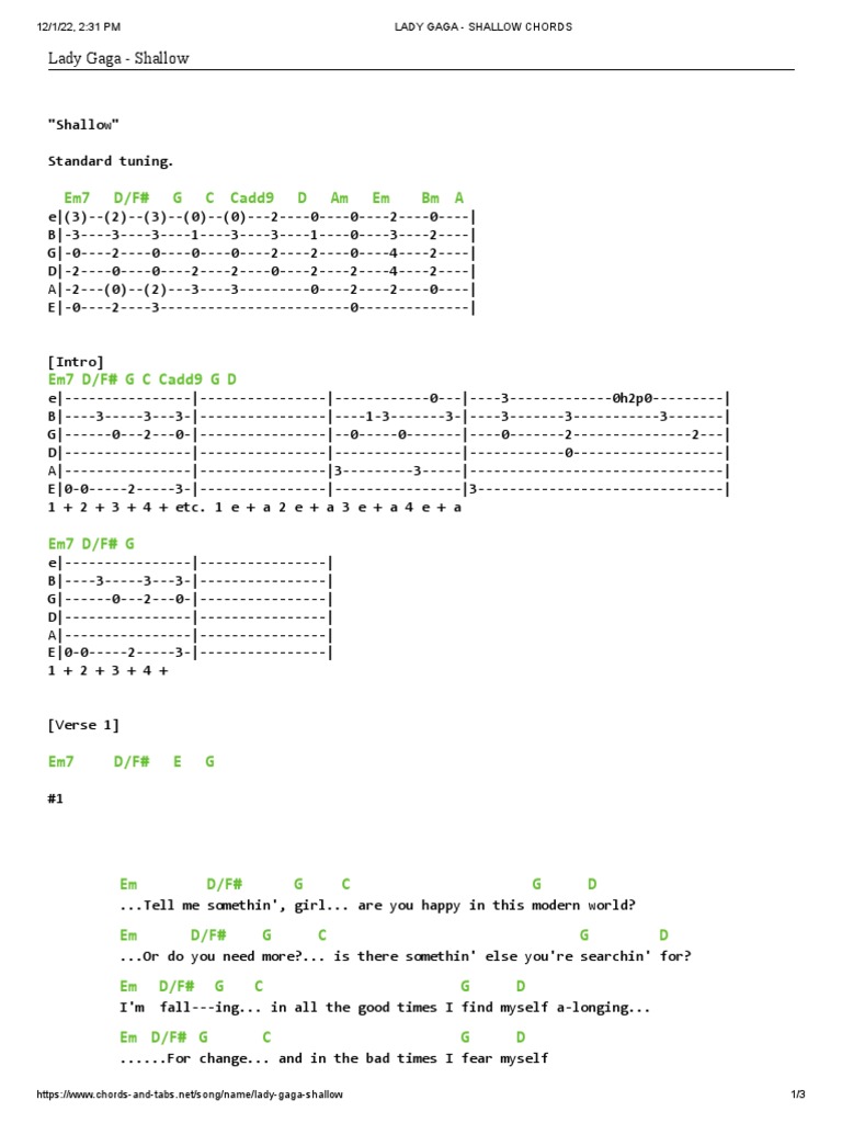 Lady Gaga - Shallow Guitar Chords | PDF | Song Structure | Musical Forms
