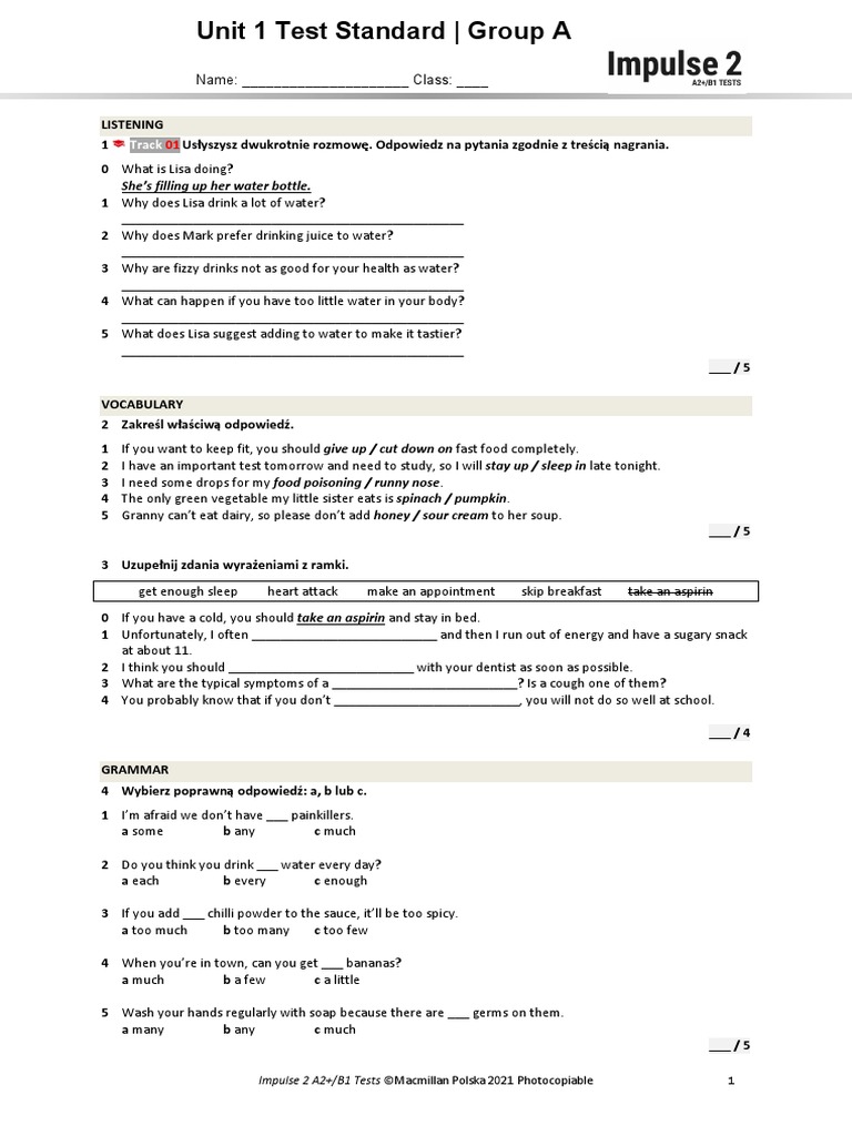 Unit 1 Test Standard A PDF | PDF | Sleep | Food And Drink