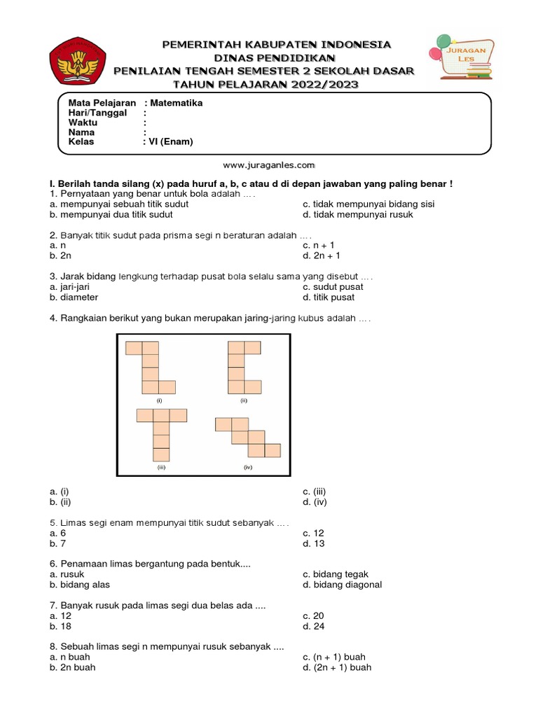 Soal PTS Matematika Kelas 6 Semester 2 T.A 2022-2023 | PDF | Griya & Taman | Seni