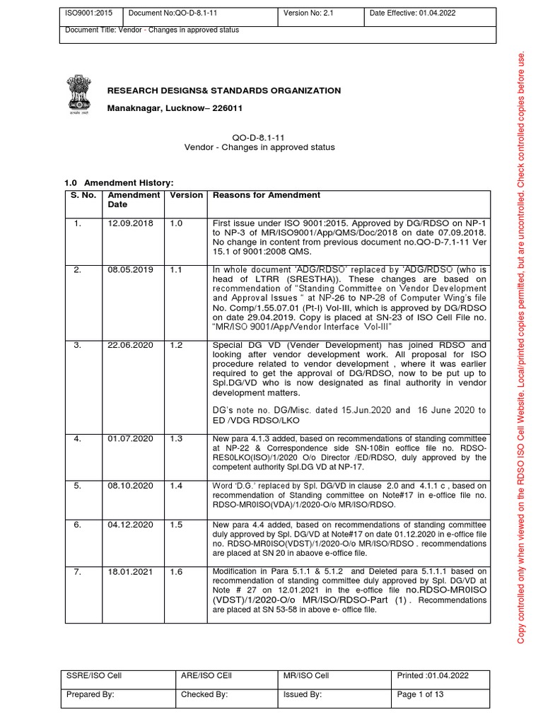 RDSO Changes in Approved Vendors Regulation PDF | PDF | Iso 9000 | Audit