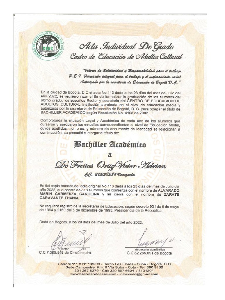 Certificado de reconocimiento de una institución educativa colombiana ...