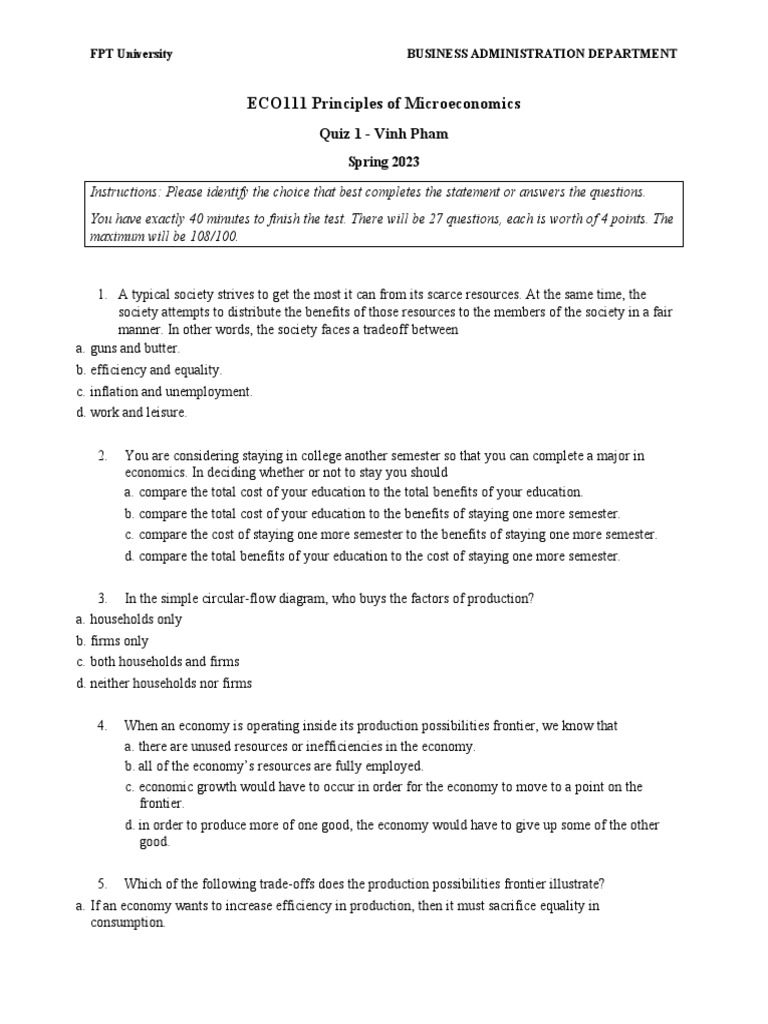 Micro Quiz 1 SP 2023 | PDF | Demand | Economic Equilibrium