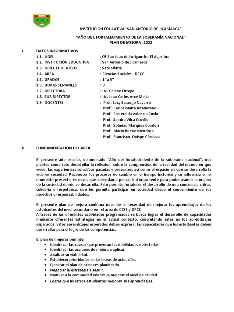 Plan de Mejora CCSS-DPCC Diciembre 2022 | PDF | Evaluación | Aprendizaje