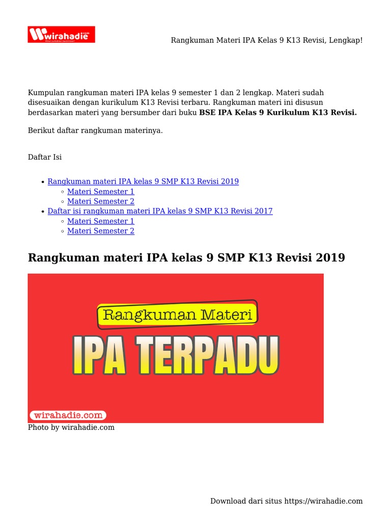 Rangkuman Materi IPA Kelas 9 K13 Revisi, Lengkap! | PDF