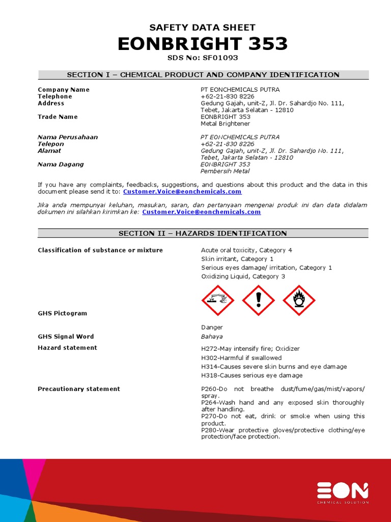 Eonbright 353 SDS | PDF | Occupational Safety And Health | Chemical Substances