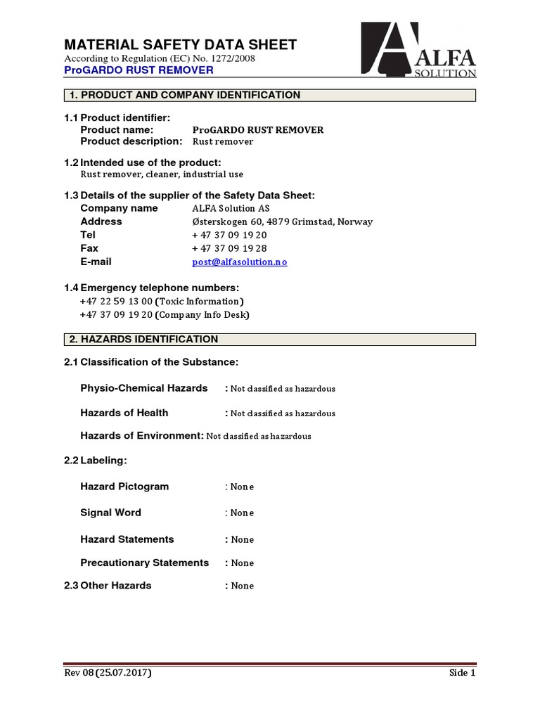 MSDS ProGARDO RUST REMOVER EN | PDF | Dangerous Goods | Toxicity