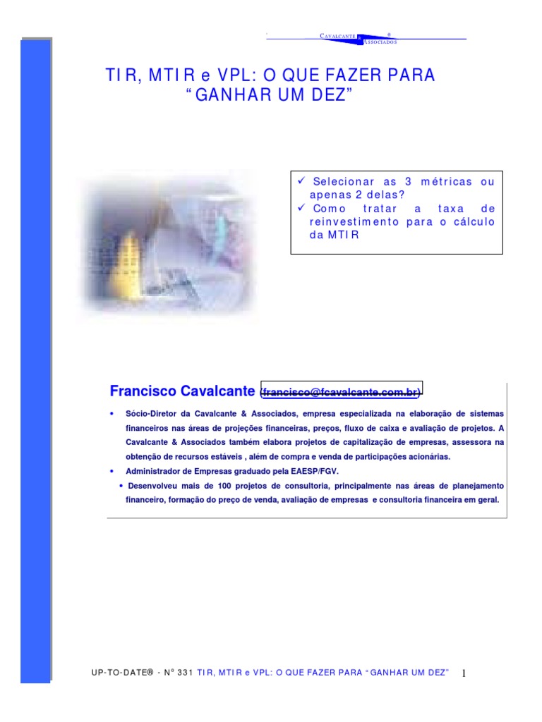 TIR, MTIR e VPL - o Que Fazer para Ganhar Um Dez | PDF | Valor Presente líquido | Taxa interna ...