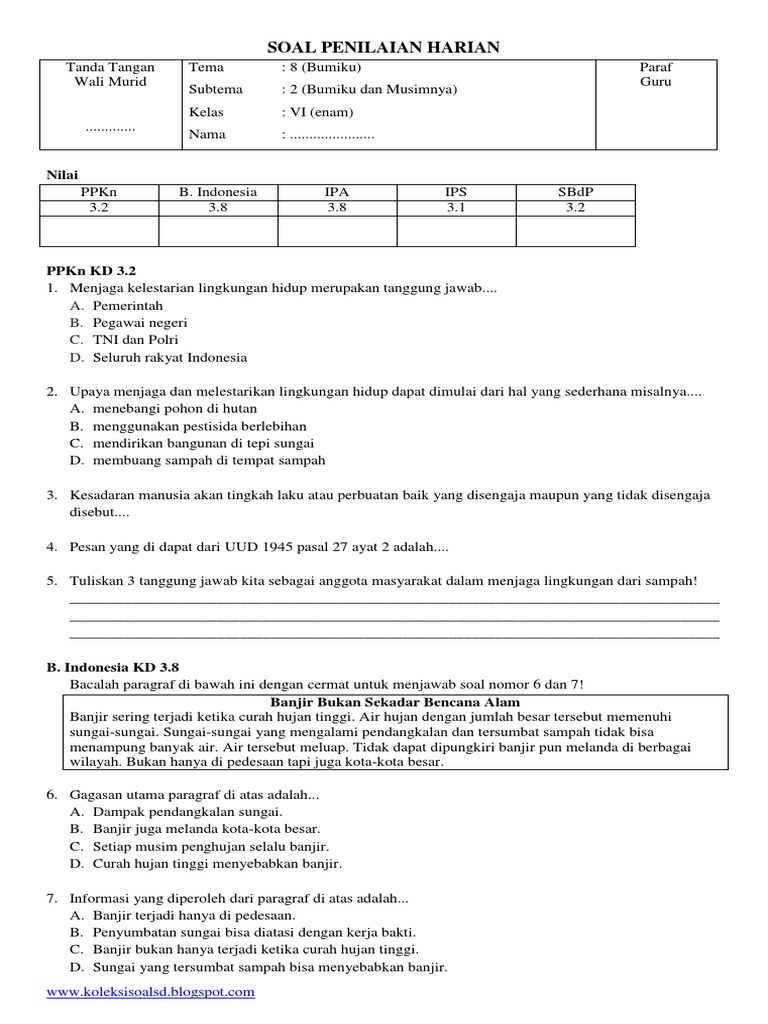 Soal Penilaian Harian Kelas 6 Tema 8 Subtema 2 | PDF