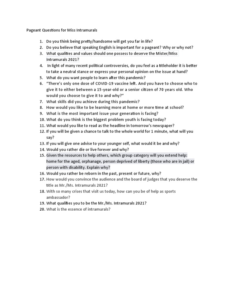Pageant Questions For Miss Intramurals 2021 | PDF | Thought ...