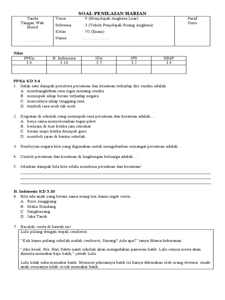 Soal Penilaian Harian Kelas 6 Tema 9 Subtema 3 | PDF
