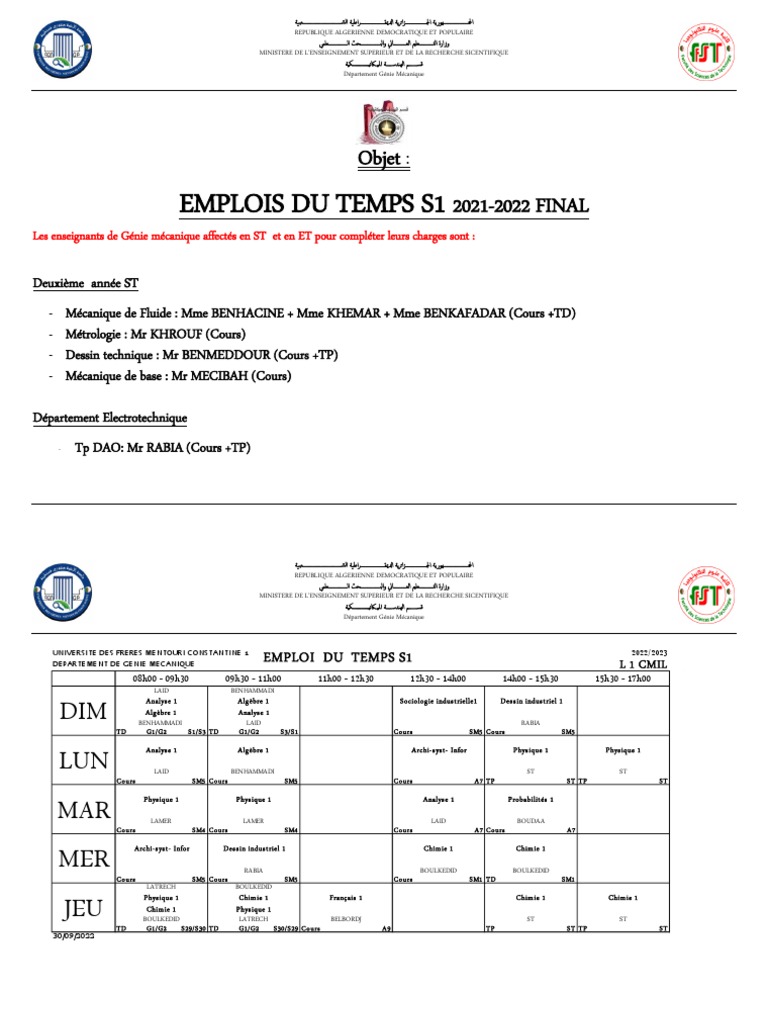 Emplois Du Temps S1 22-23 Version Finale PDF | PDF