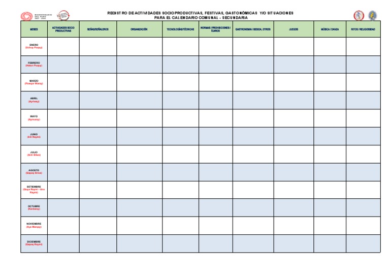 Registro de Actividades para El Calendario Comunal - ESQUEMA - SEC - IMPRIMIR | PDF