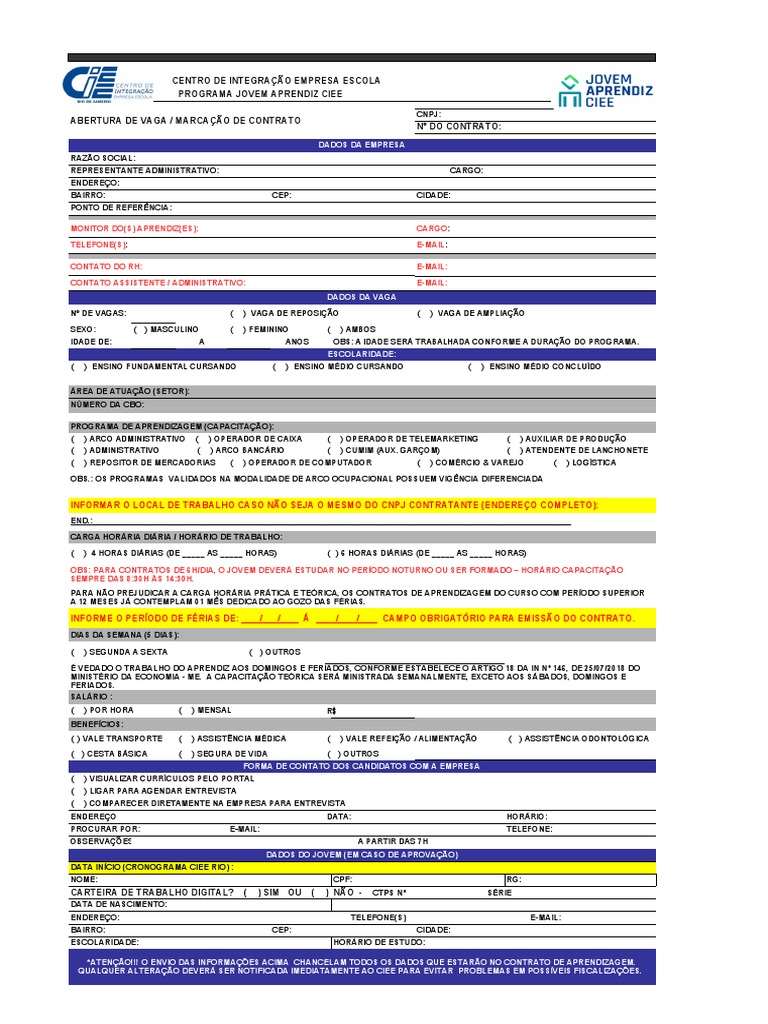 Cópia de FORMULÁRIO Vaga PADRÃO APRENDIZ CIEE 2022 | PDF | Embalagem e rotulagem | Férias ...