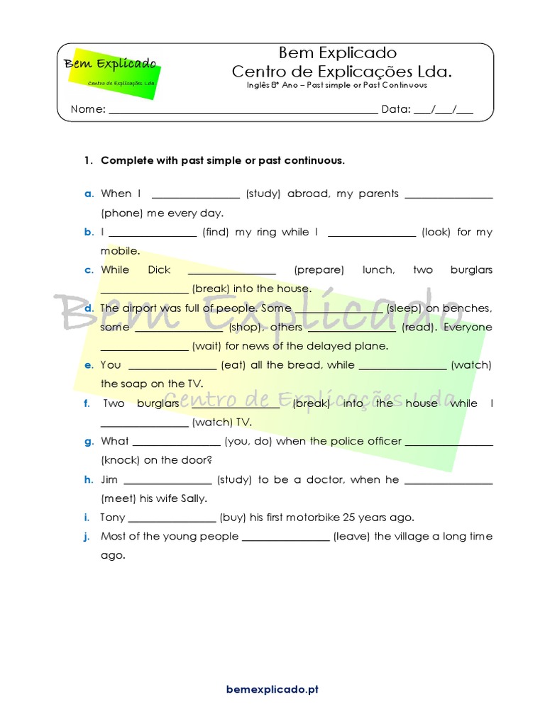 1.5 - Ficha de Trabalho - Past Simple or Past Continuous - Bem ...