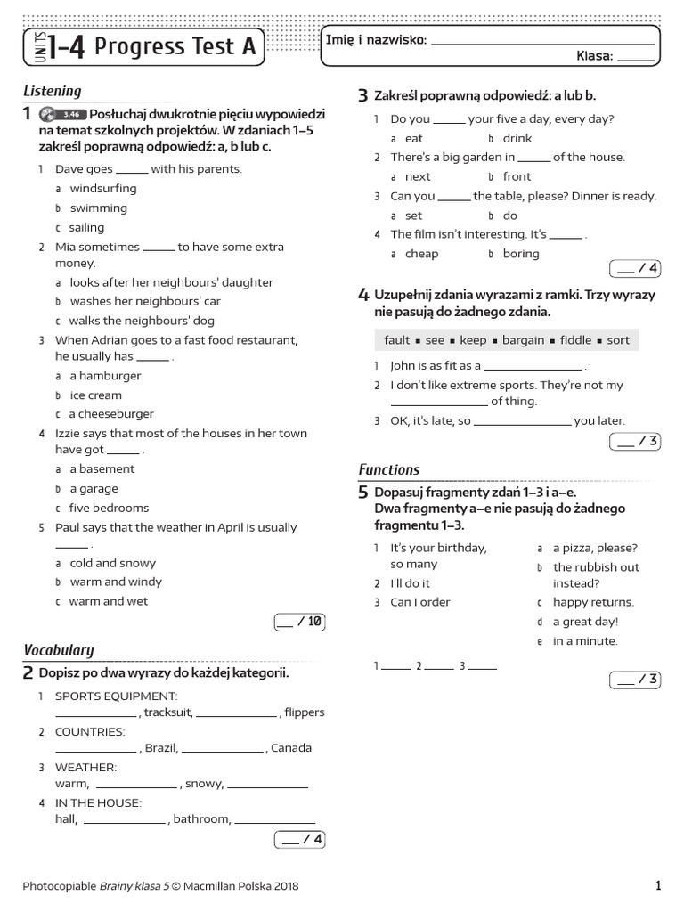 Brainy 5 Progress Test 1-4 A | PDF | Convenience Food | Foods