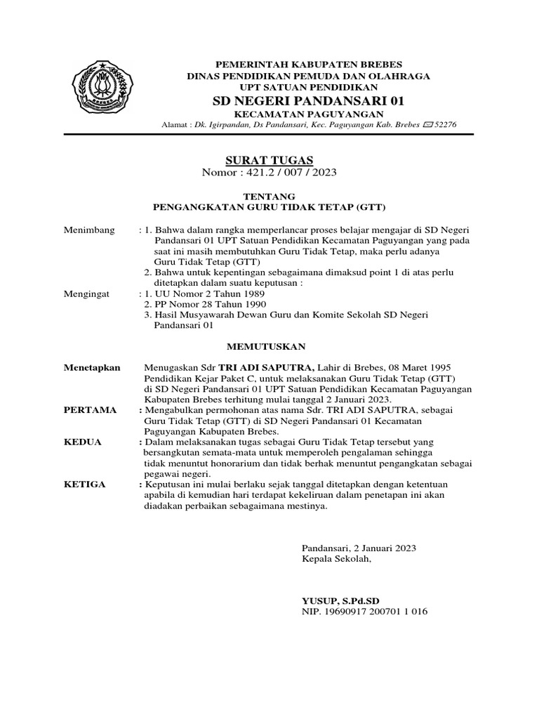 Surat Tugas GTT Tri Adi S PDF | PDF