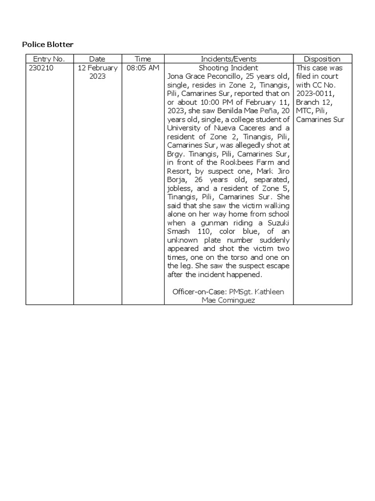 Shooting Incident Blotter Report | PDF
