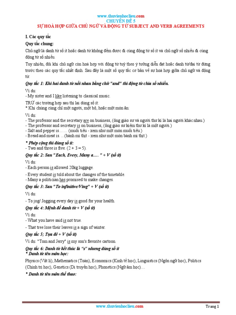 S Hoà H P Gi A CH NG Và Đ NG T Subject and Verb Agreements | PDF